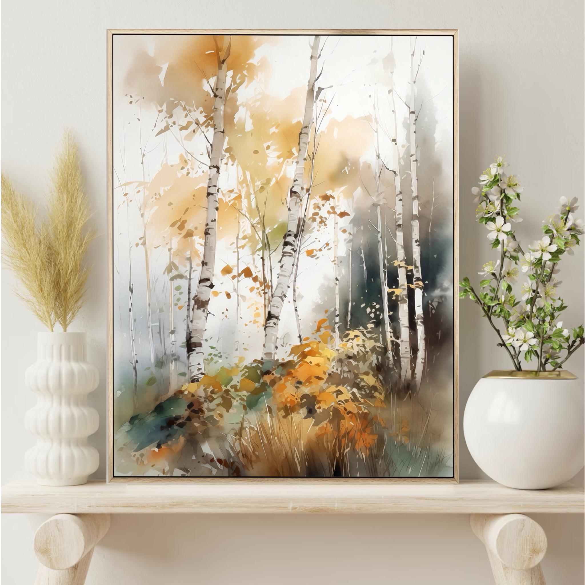 Birch Woods Art Print, Fall Birch Trees Artwork, Watercolor Birch Tree ...