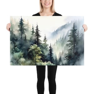 Foggy Pine Forest Watercolor Painting Art Print. - Etsy