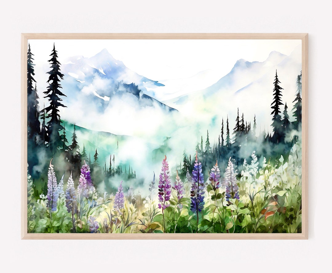 Misty Mountain Landscape Watercolor Wall Art, Wild Flowers and ...