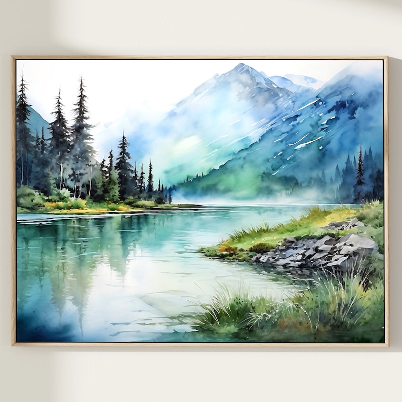 Misty Mountains Watercolor Print, Mountain Lake Large Wall Art ...