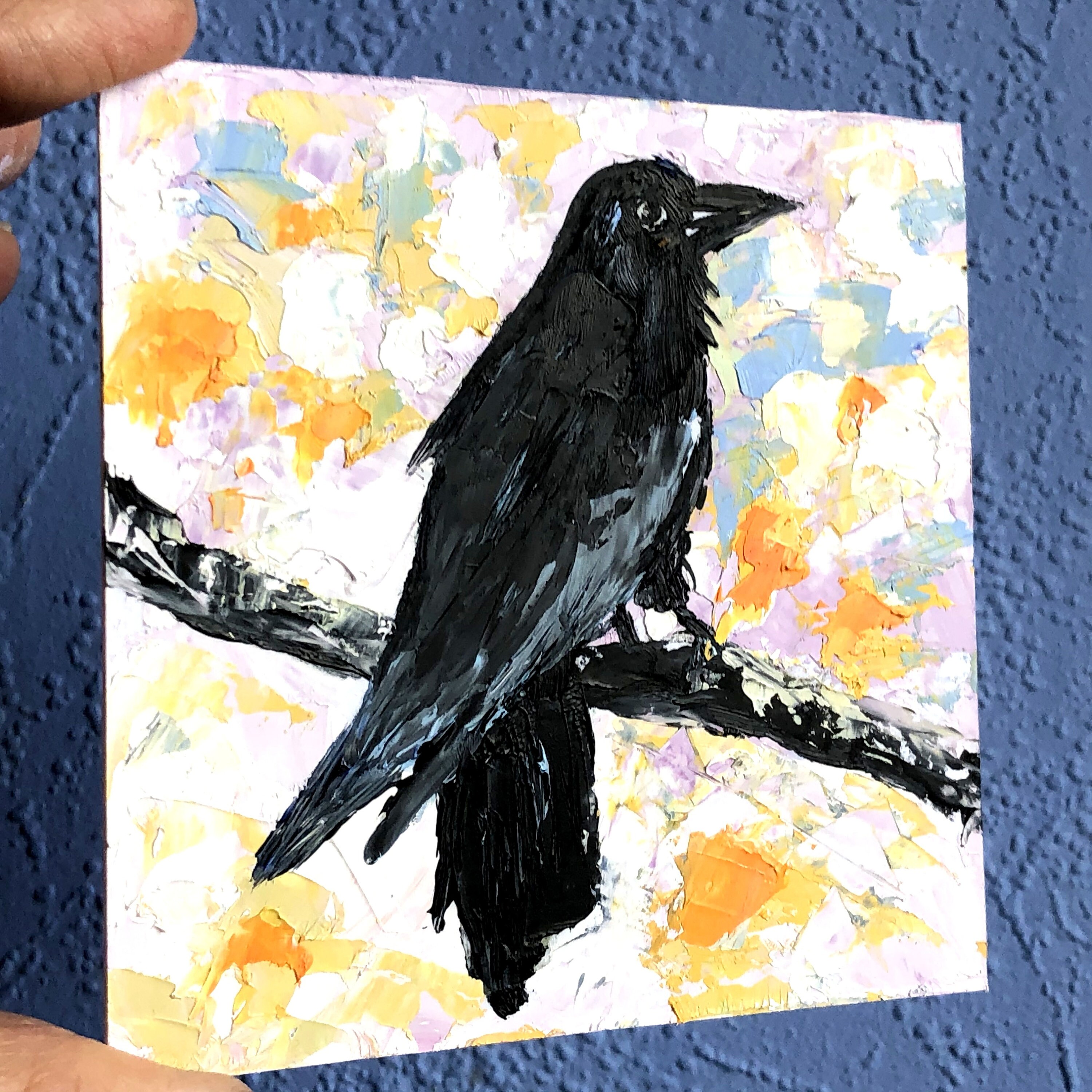 Crow Painting Small Original Bird Art 4 by 4 Animal Wall | Etsy