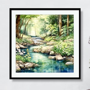 Forest River Wall Art, Forest River Watercolor Art, Nature Print, Green ...