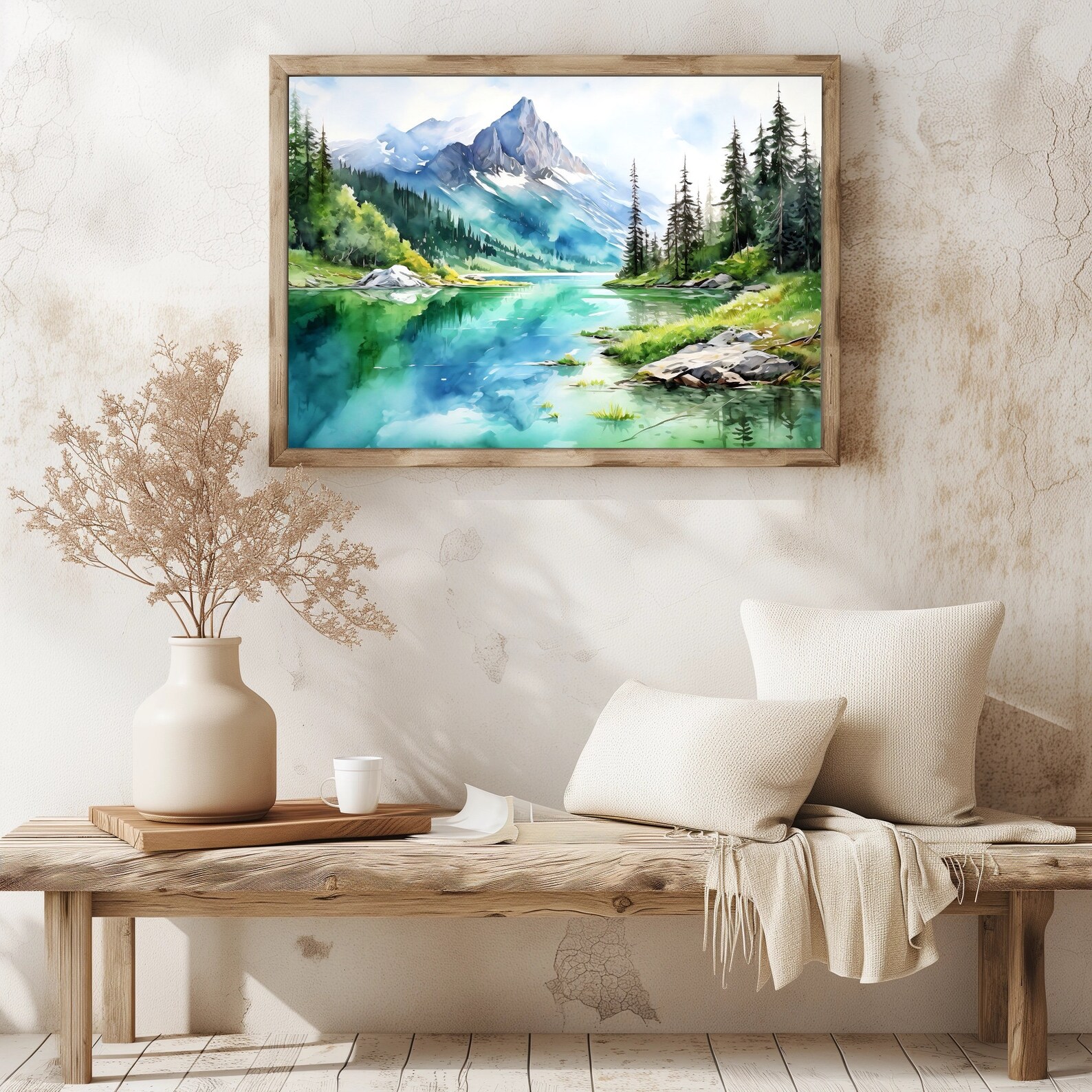 Majestic Mountain Lake Watercolor Art Print, Scenic Nature Wall Decor ...