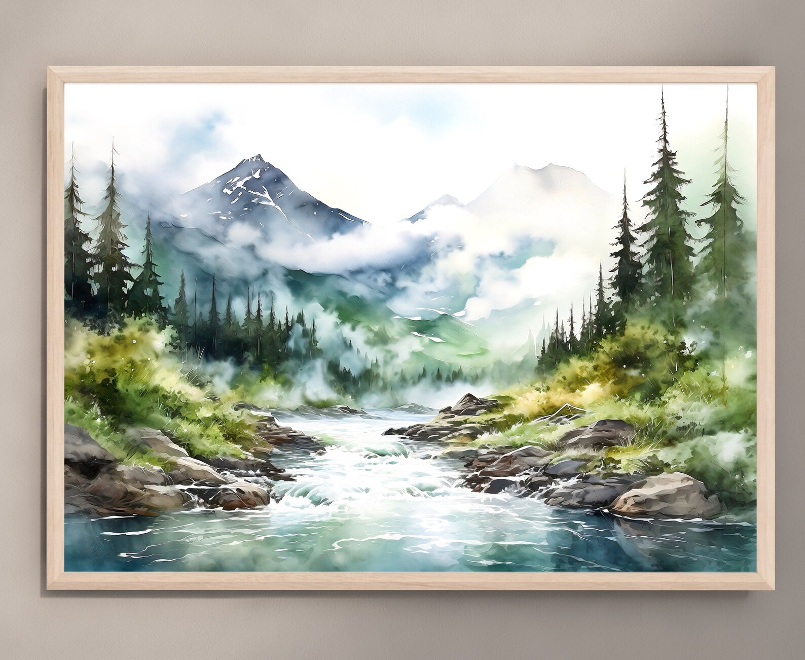 ALASKA Watercolor Painting Art Print, Travel Poster, Mountain River ...