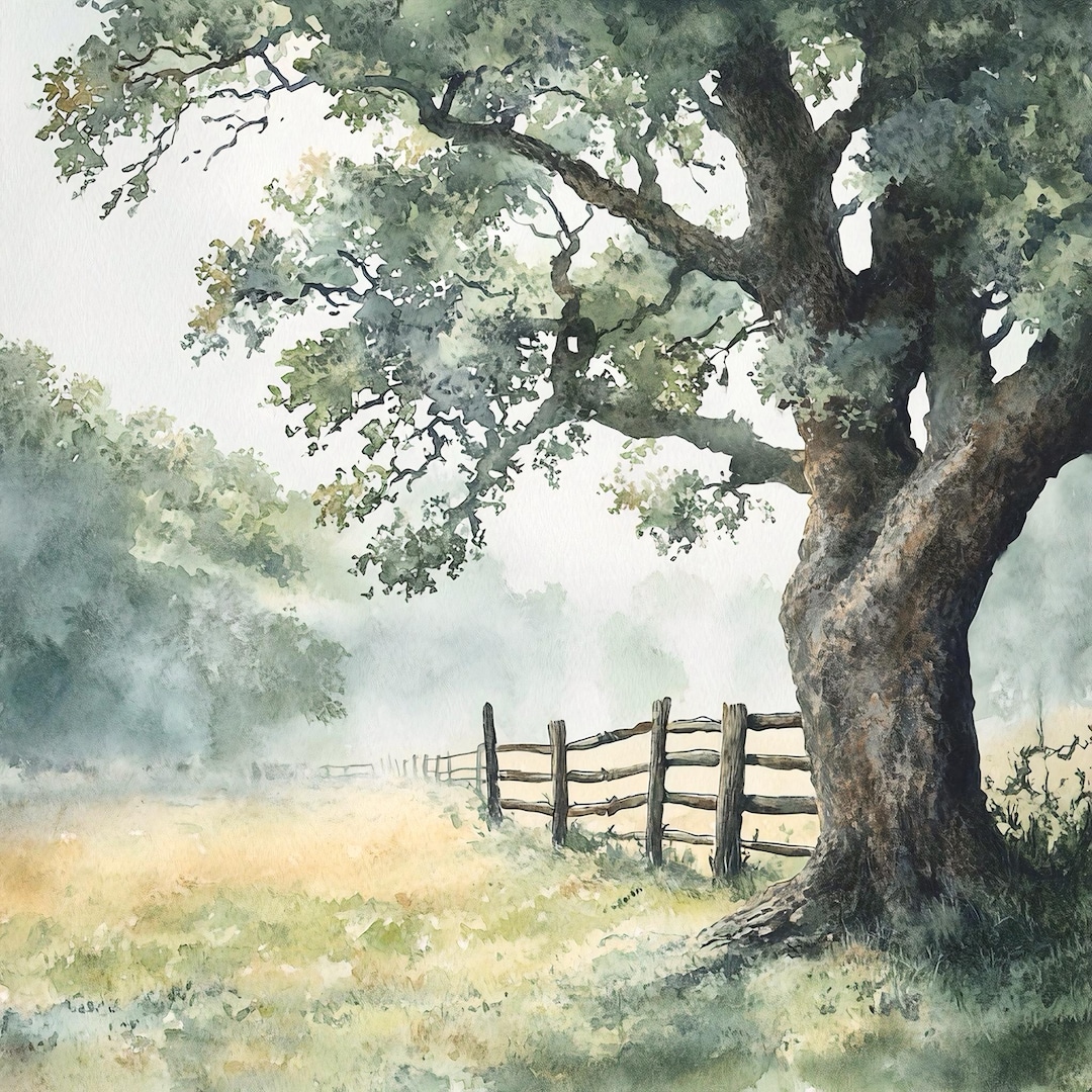 Oak Tree Field Road Painting Square Old Oak Tree Watercolor Landscape ...