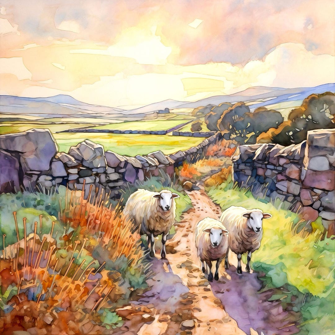 Irish Sheep Watercolor Painting Art Print Ireland Landscape Farmhouse ...
