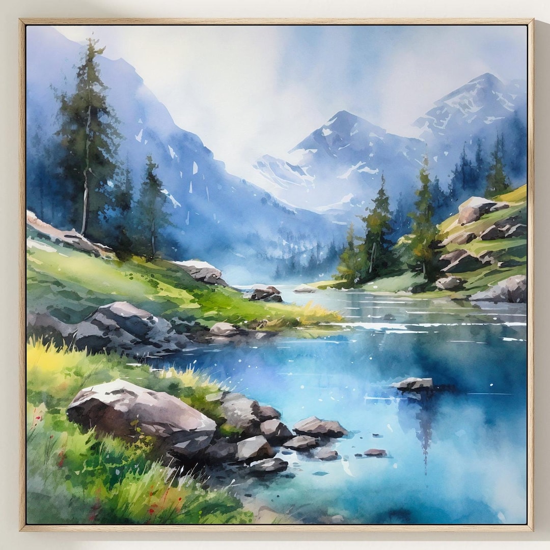 Mountain River Watercolor Painting River Landscape Art Print Rocky ...