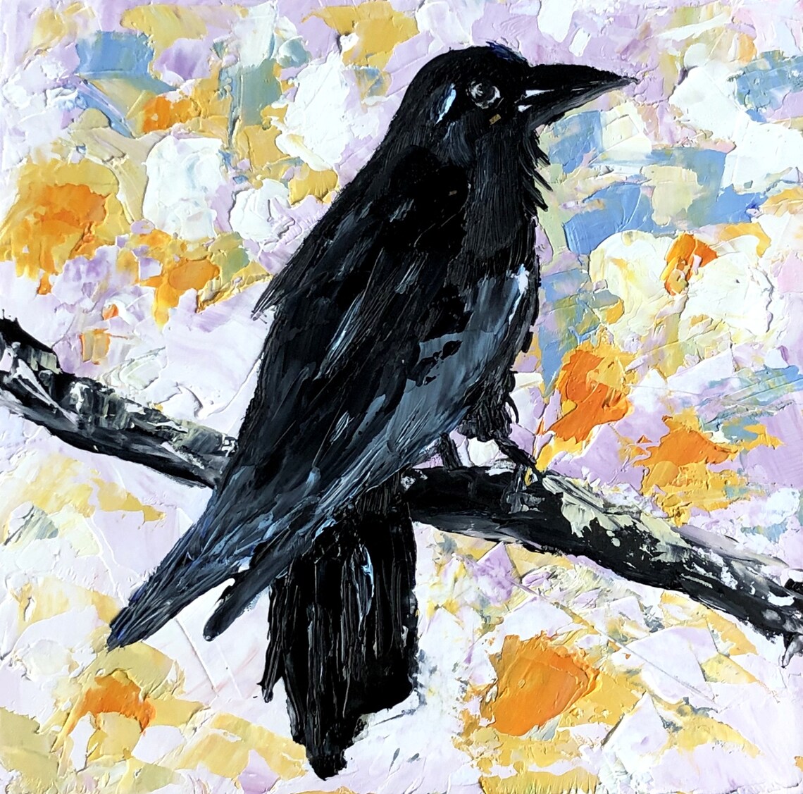 Crow Painting Small Original Bird Art 4 by 4 Animal Wall | Etsy