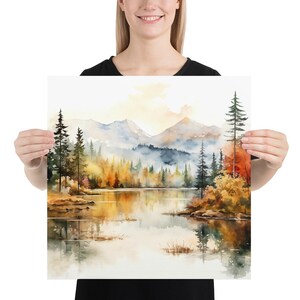 Fall Wall Art Nature Watercolor Mountain Lake Print Farmhouse Decor ...