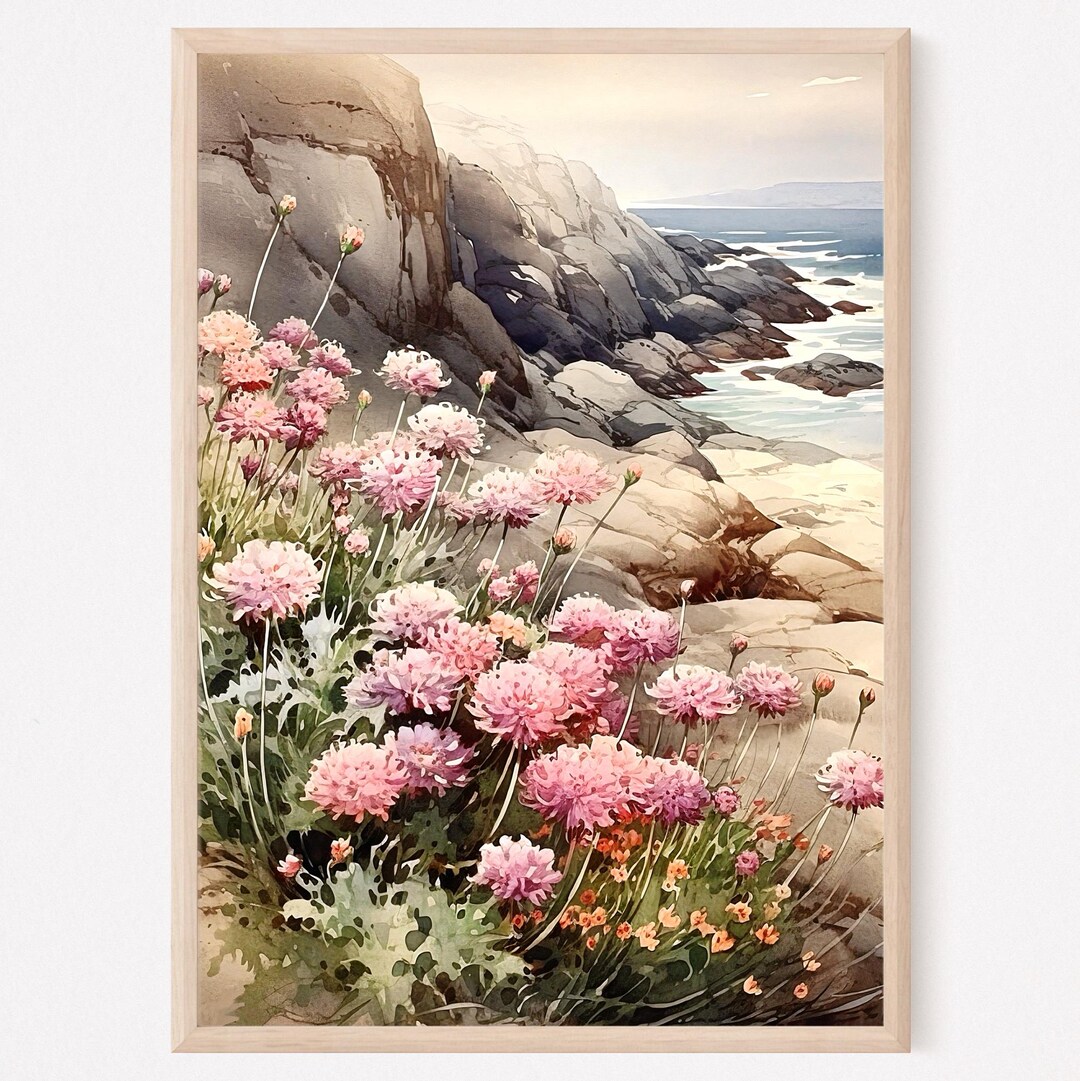 Sea Thrift Flowers on St Abbs Head Cliffs, Scotland Painting, Coastal ...