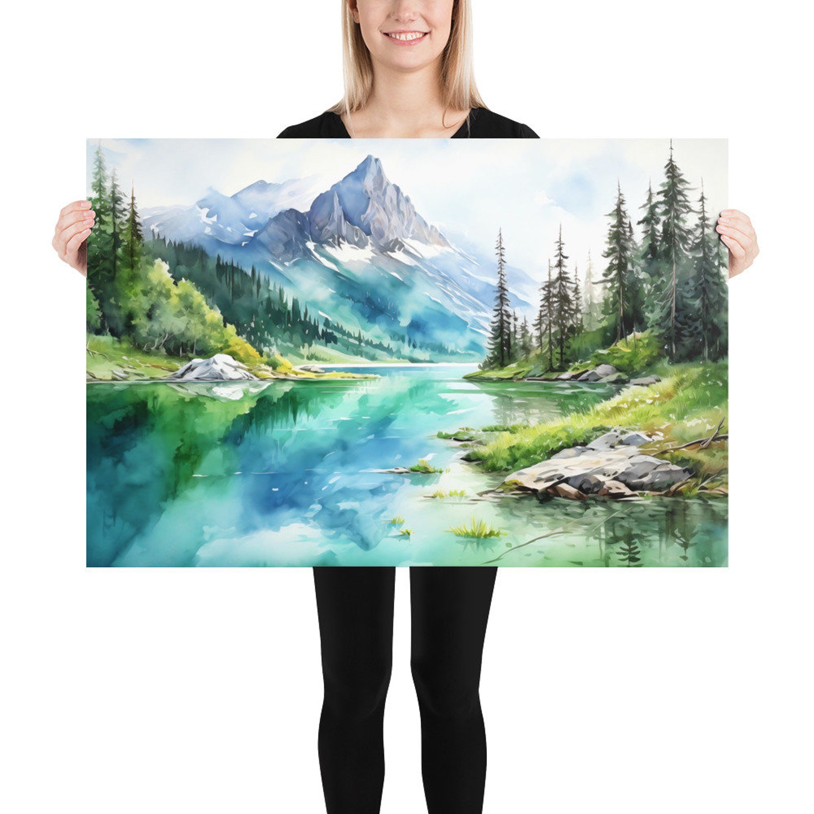 Majestic Mountain Lake Watercolor Art Print, Scenic Nature Wall Decor ...