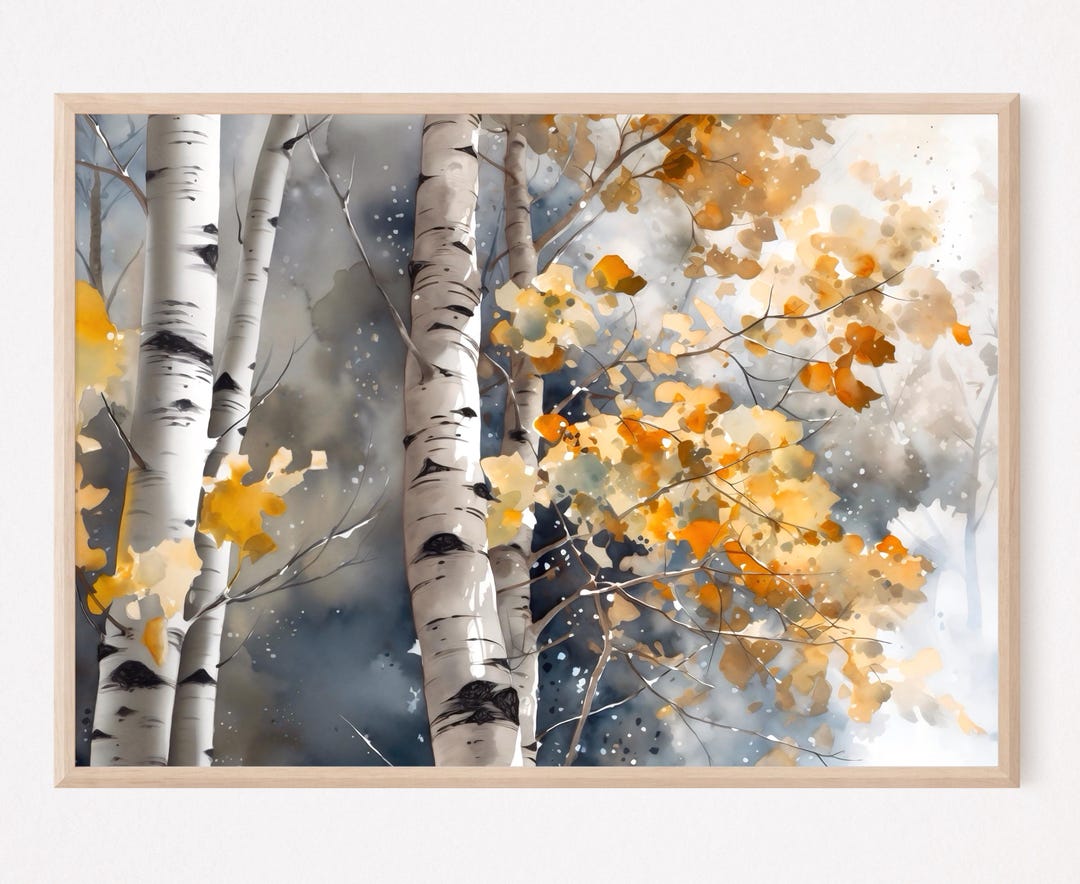 Autumn Birch Trees Art Print, Tree Watercolor Painting, Landscape ...