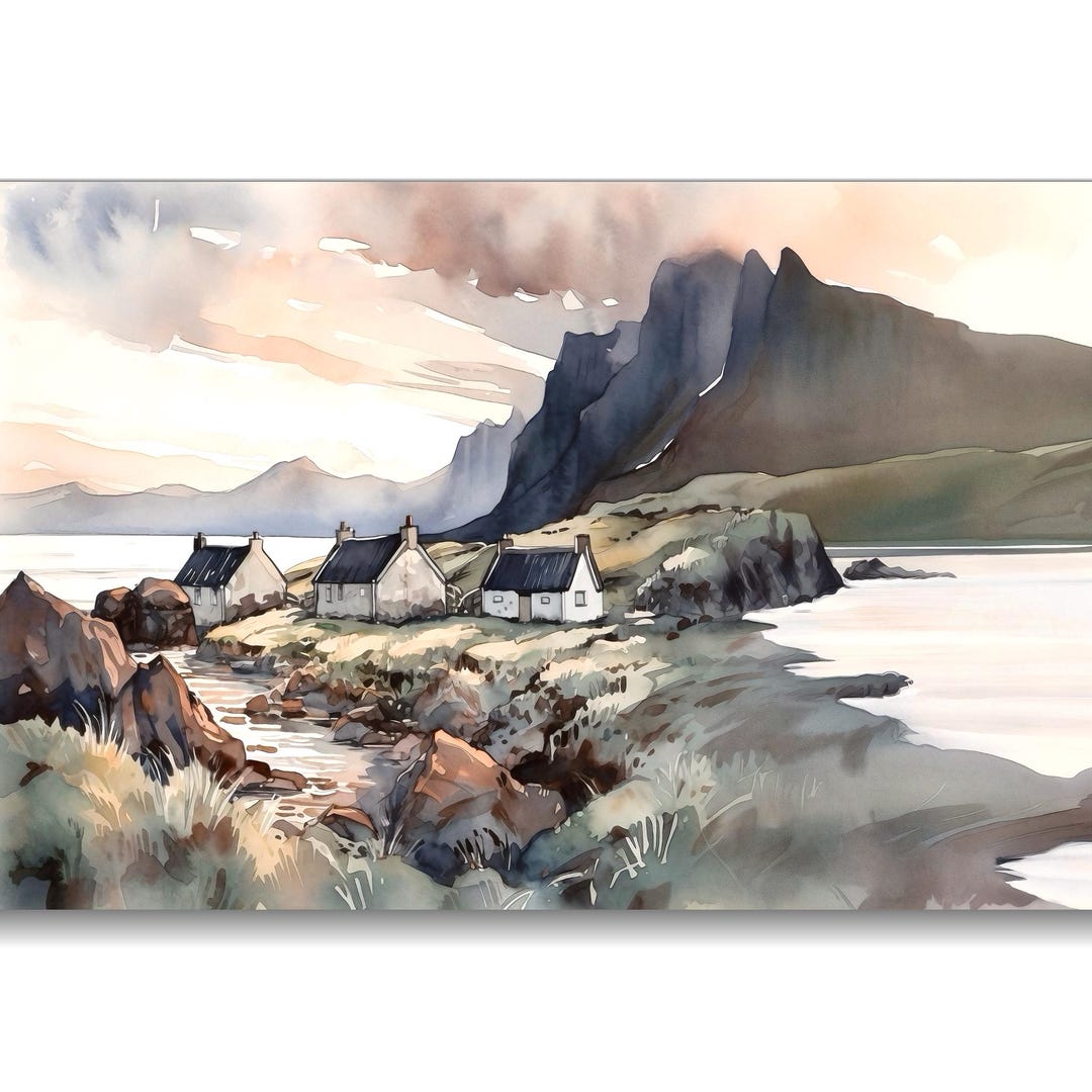 Scotland Coast Cottage Art Print, Isle of Skye Watercolor Landscape ...