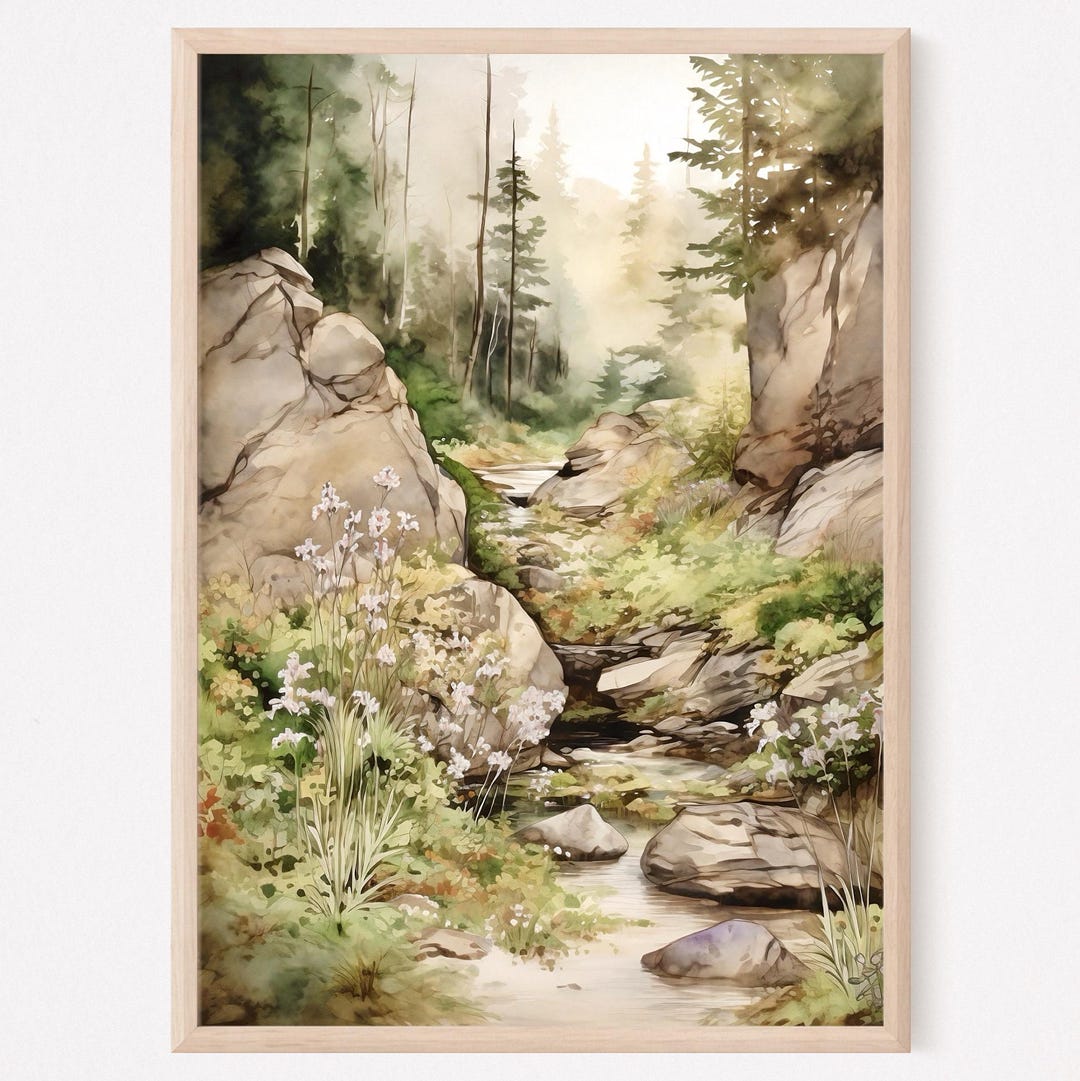 Forest Stream Watercolor Print, Watercolor Forest Landscape Art, Large ...