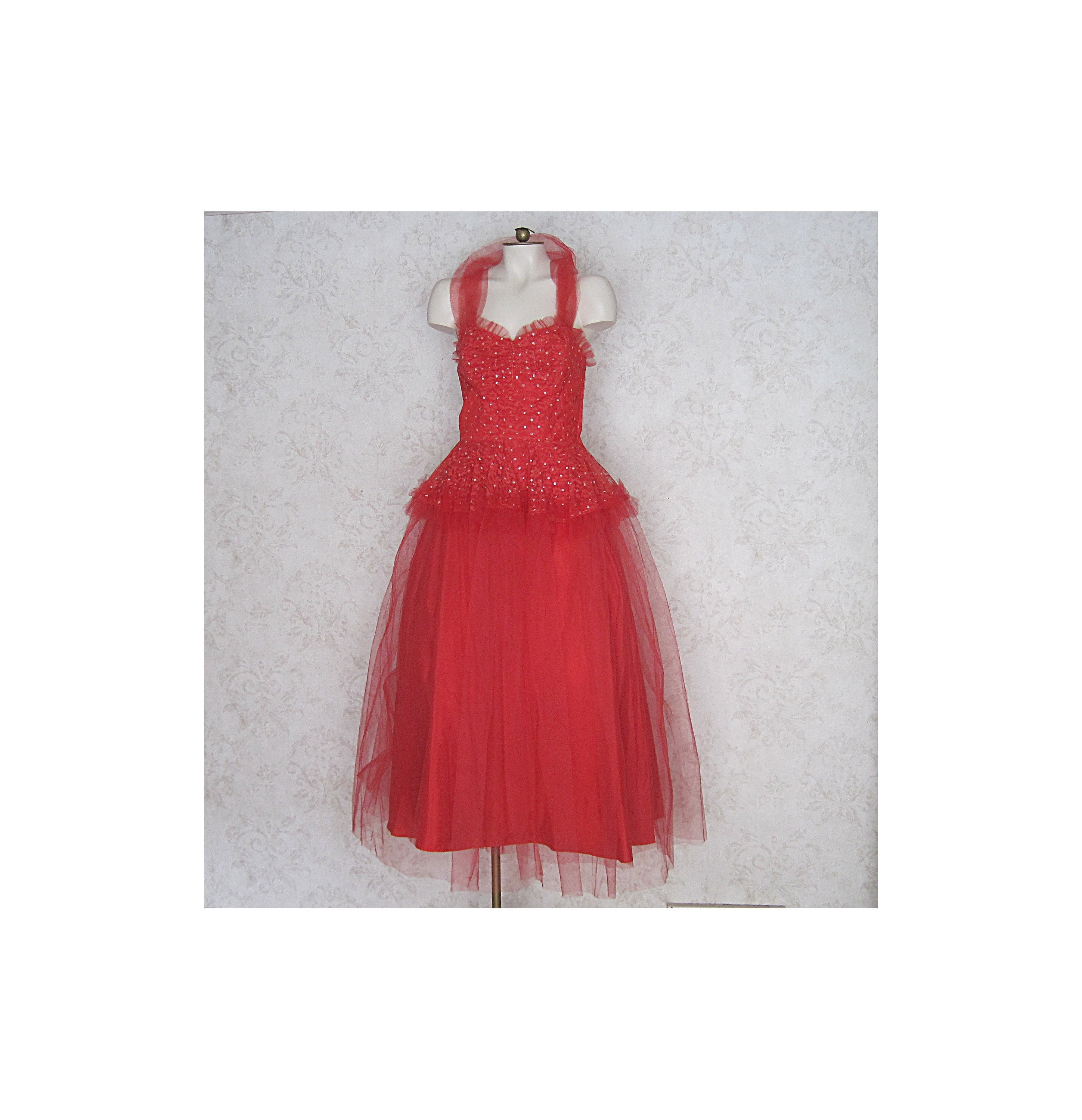 1950s Vintage Party Dress / Red Tulle '50s Cocktail Dress | Etsy