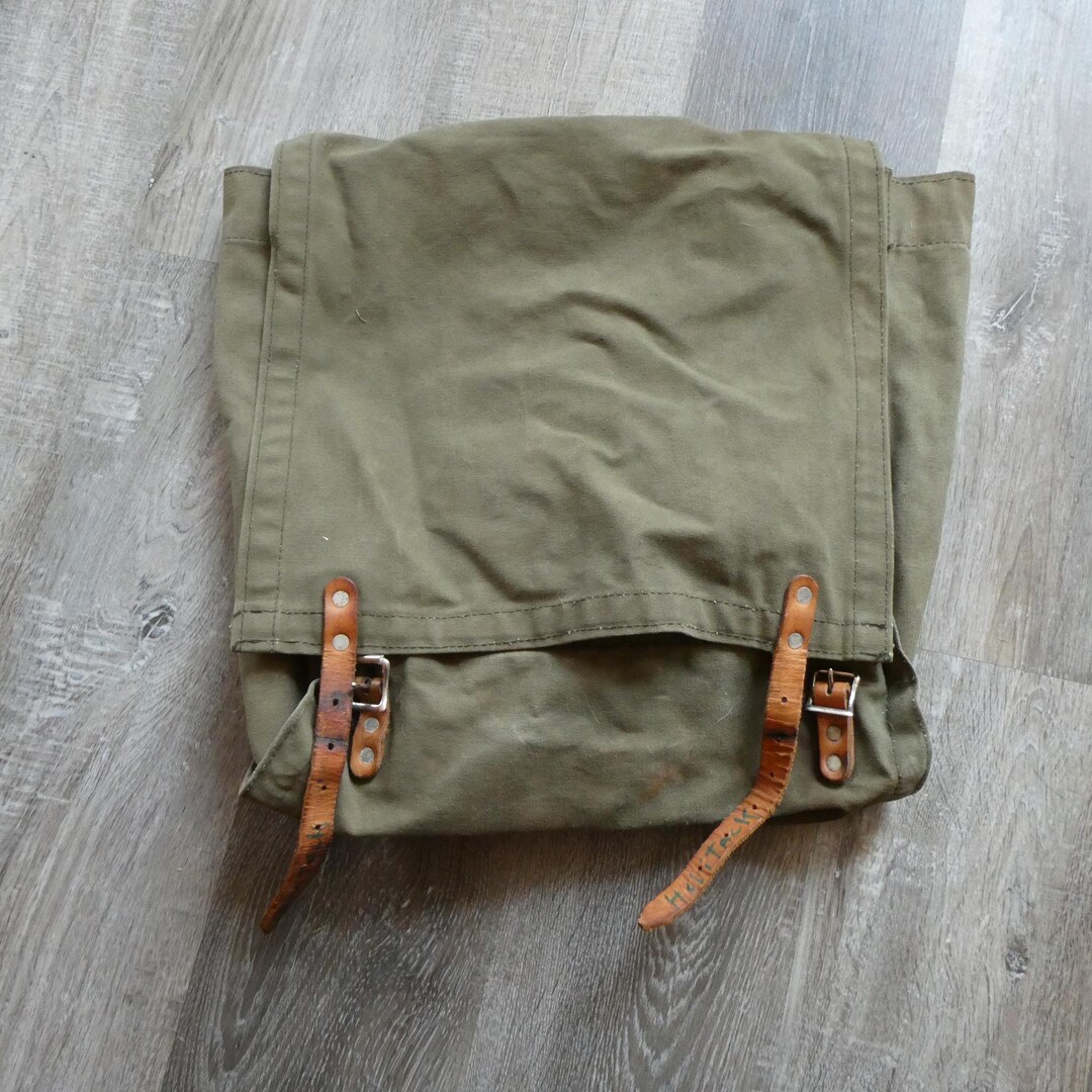 Vintage Army Backpack Heavy Canvas & Leather Military Style Camping ...