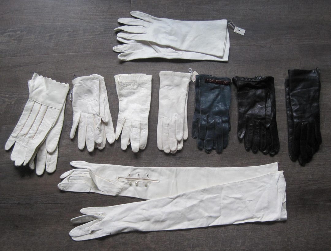 Vintage Leather Gloves Lot Nine Pair Black White Green Kid Leather Silk ...