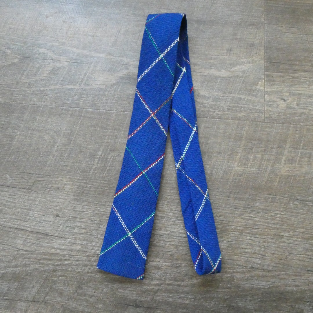 Vintage 1960s Woven Wool Square End Narrow Necktie / Blue Green Red ...