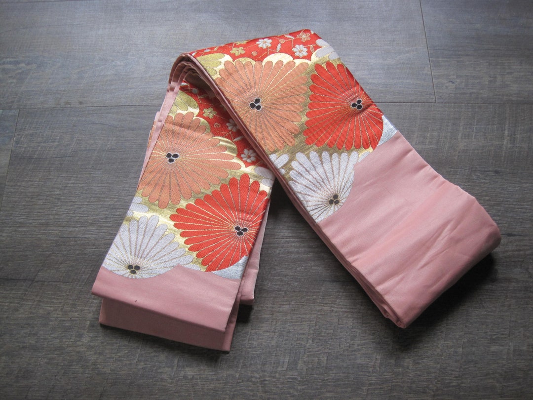 Vintage Japanese Obi Red Pink Rose Gold Silver Metallic Thread Floral ...