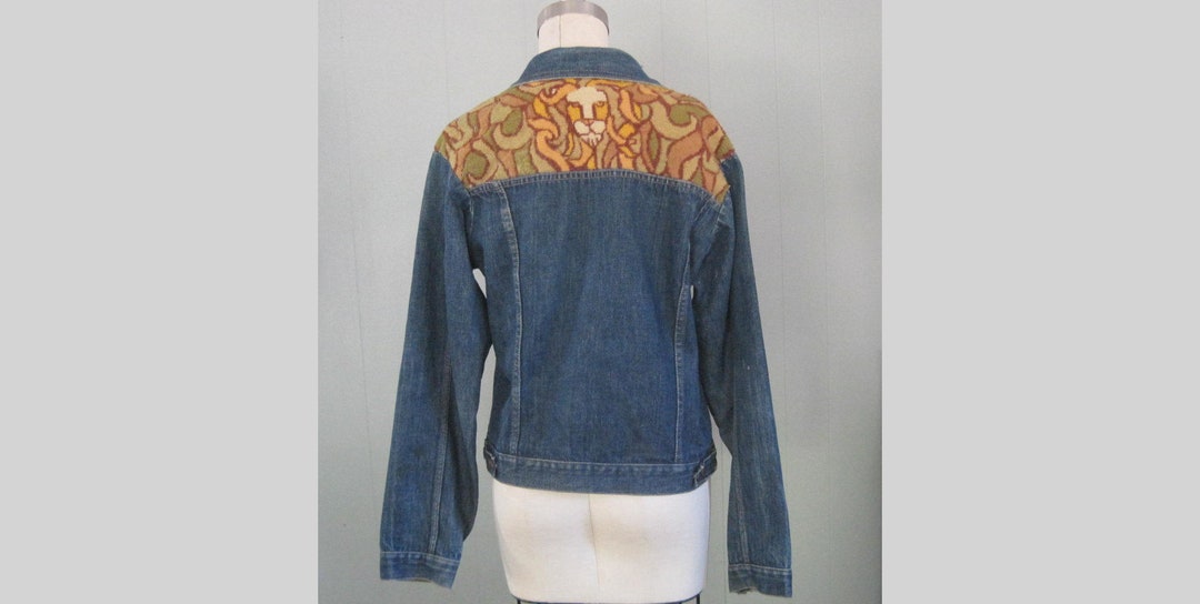 1970s Vintage Denim Jacket / Screen Door Threads Needlepoint Lion Jean ...