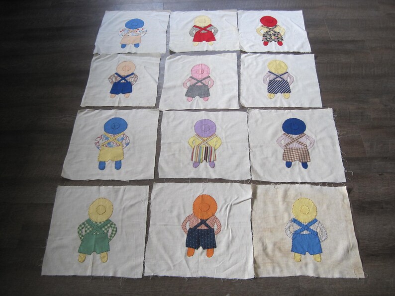 1930s Vintage Overall Sam Quilt Squares / Set of 12 1920s '30s Hand Embroidered Applique Feed ...