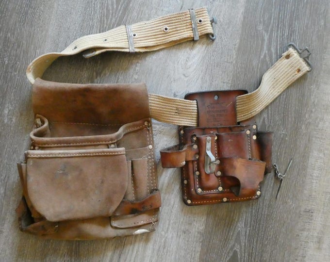 Vintage Leather Tool Belt / Multi-pocket Suede Nail Bag and Leather ...
