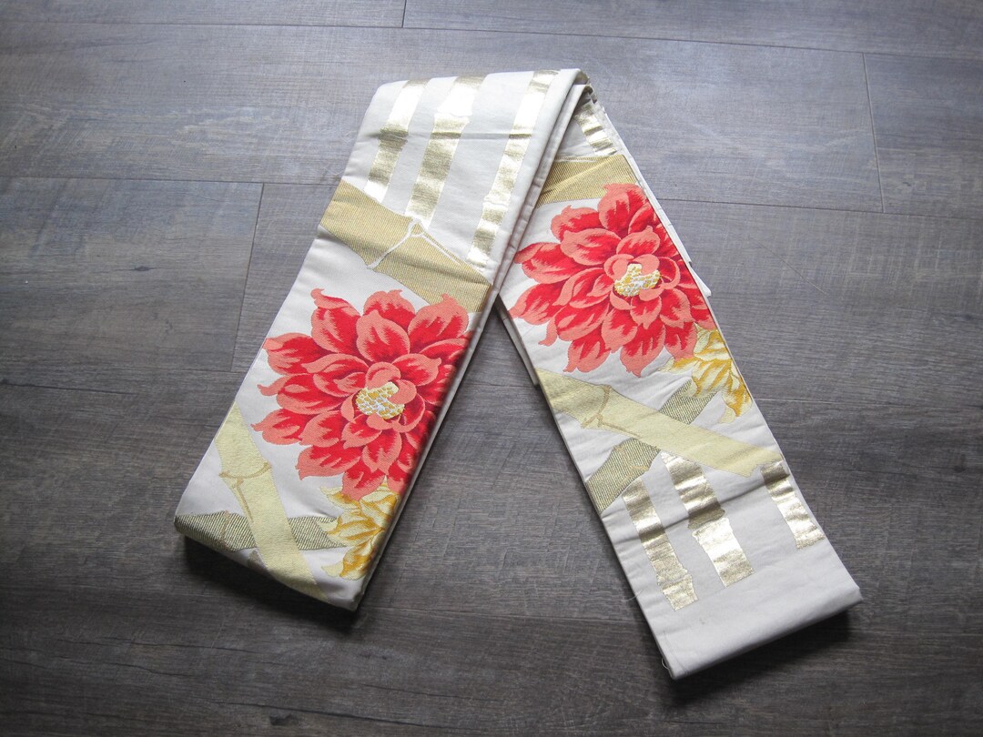 Vintage Japanese Obi Ivory Gold Red Metallic Thread Floral Bamboo ...