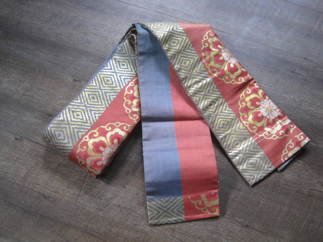 Vintage Japanese Obi Azure Cerulian Blue Rose Gold Metallic Thread ...