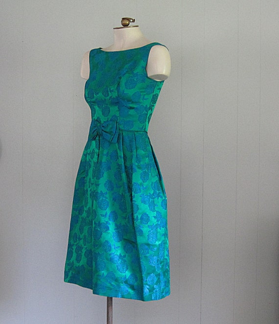 1960s Vintage Brocade Cocktail Dress / Green and Blue… - Gem