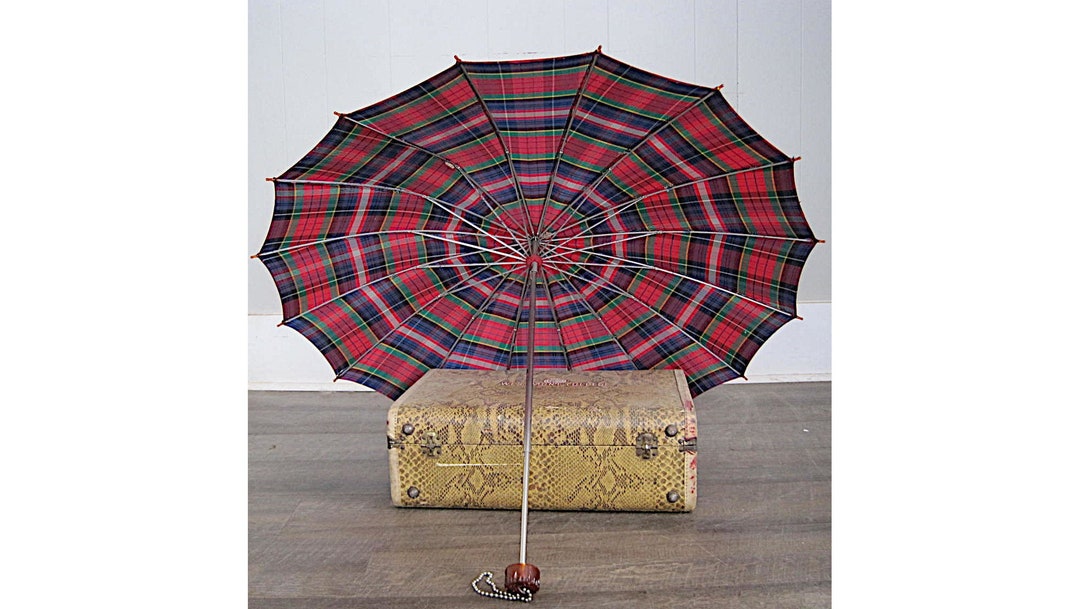 Vintage Plaid Umbrella: 1950s Collapsible Parasol With Lucite Handle - Etsy