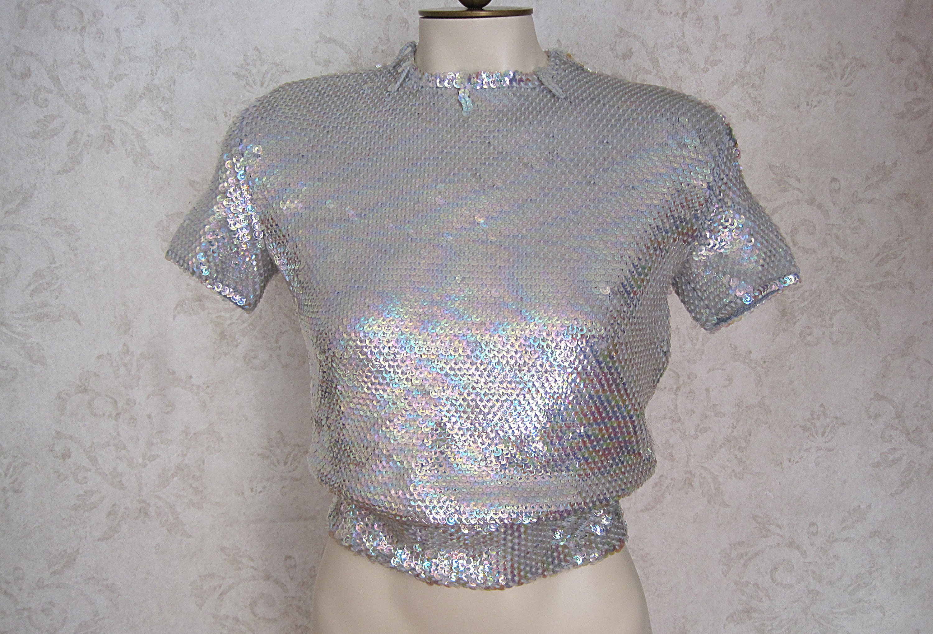 Vintage 1950s Sequined Pin up Sweater / Short Sleeve Cropped Aurora ...