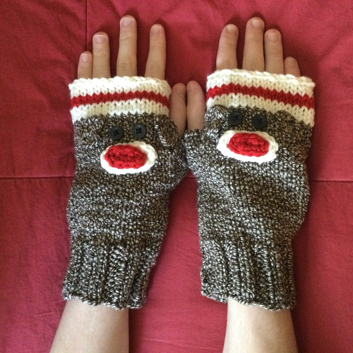 Hand-Knit Fingerless Gloves Fans of the Sock Monkey Mitts | Etsy