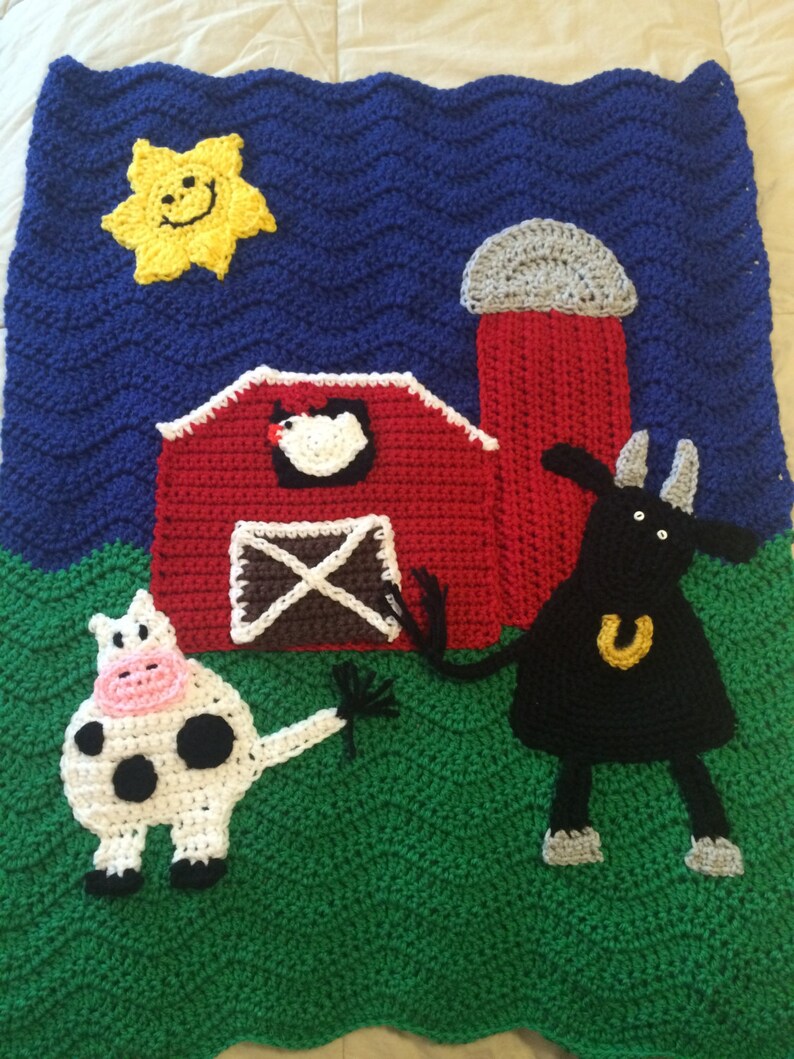 Crochet Baby Farm Blanket Red Barn Silo Cow Bull Hen and - Etsy