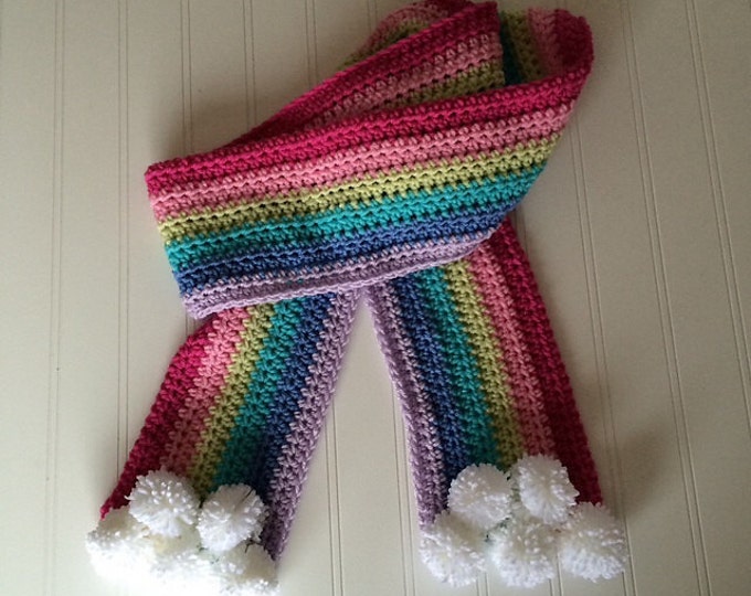 Rainbow Stripe Scarf With Cloud Pom Poms - Etsy