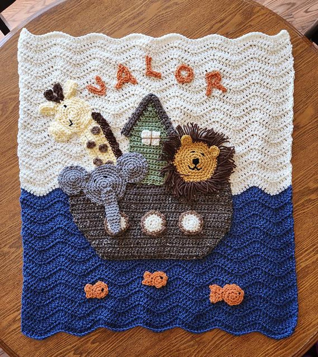 Custom Noah's Ark Baby Blanket - Name Included Cream and Blue With ...