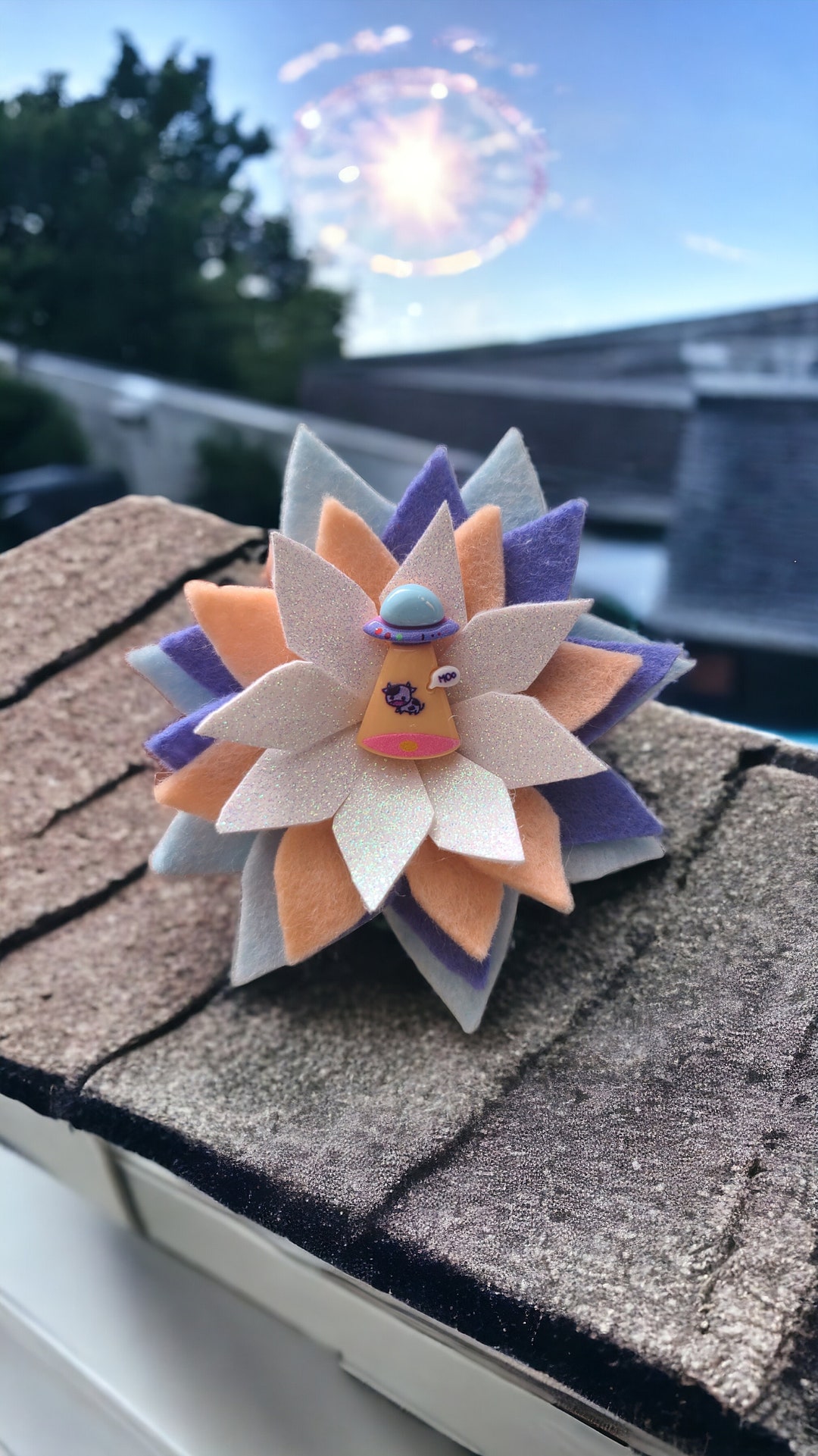UFO Pastel Felt Flower,with Cow, Brooch/pin, Handmade Kawaii Pin ...