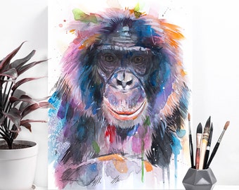 Colorful Chimp Chimpanzee watercolor painting print by | Etsy