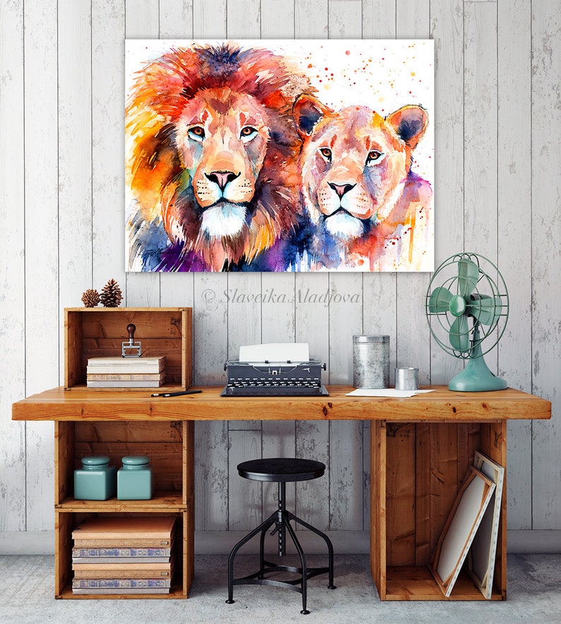 Lion Lioness Love Limited Edition Watercolor Art Print by Slaveika ...