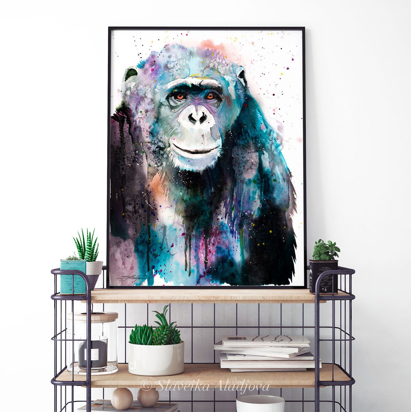 Chimp Chimpanzee watercolor painting print by Slaveika | Etsy