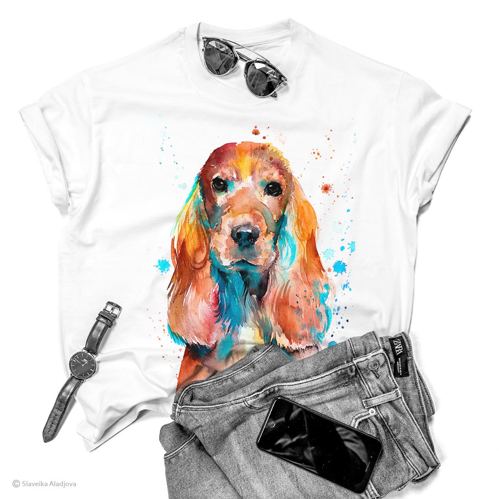English Cocker Spaniel Watercolor Ladies' T-shirt, Women's Tees, Teen ...