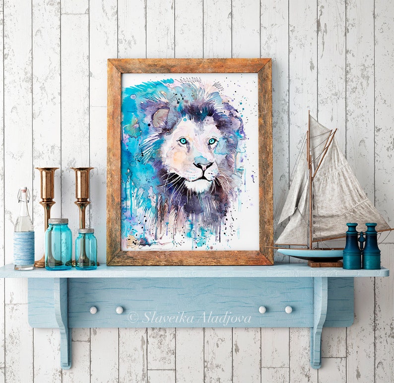 Blue Lion Watercolor Painting Print by Slaveika Aladjova Art | Etsy