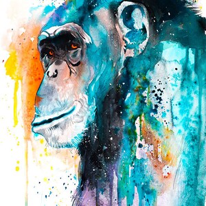 Colorful Chimp Chimpanzee Watercolor Painting Print by Slaveika ...