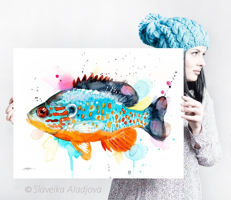 Orangespotted Sunfish Watercolor Painting Print by Slaveika - Etsy