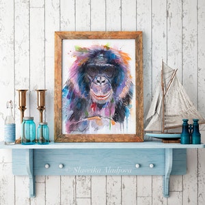 Bonobo, Pygmy Chimpanzee, Monkey Watercolor Painting Print by Slaveika ...
