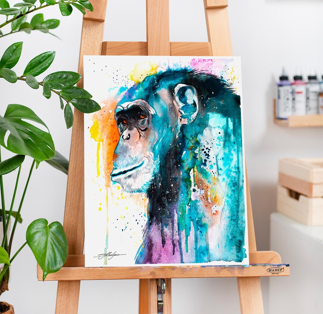 Colorful Chimp Chimpanzee Watercolor Painting Print by Slaveika ...