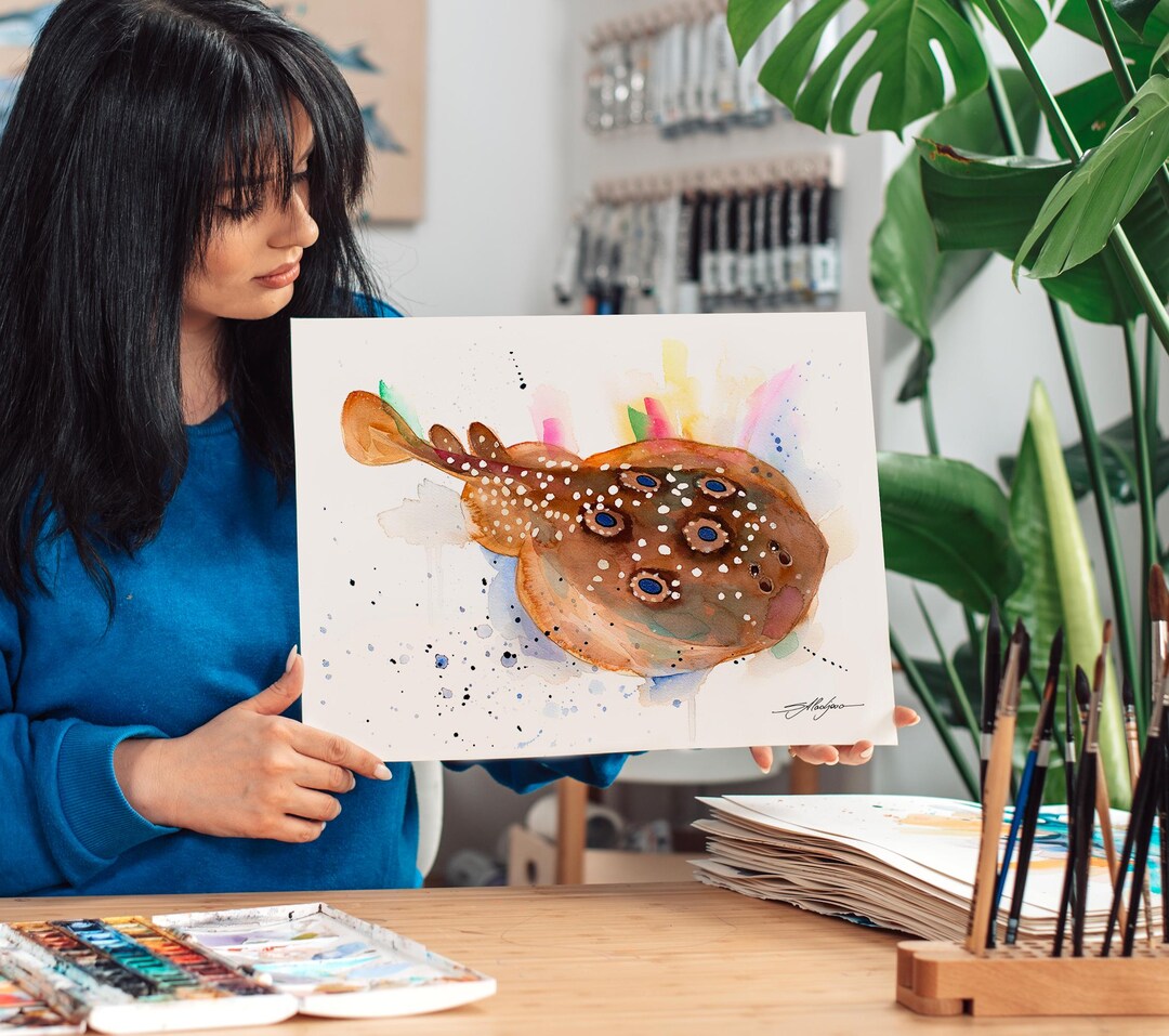 Common Torpedo Ray, Eyed Electric Ray Watercolor Painting Print by ...