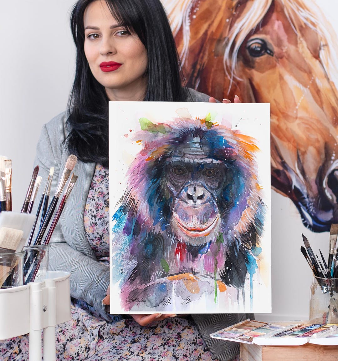 Bonobo, Pygmy Chimpanzee, Monkey Watercolor Painting Print by Slaveika ...
