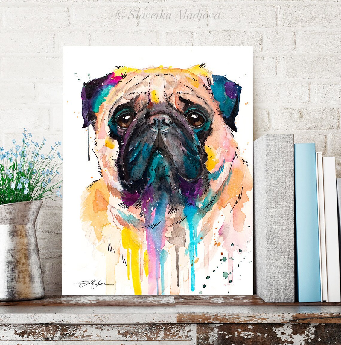 Pug watercolor painting print by Slaveika Aladjova art | Etsy