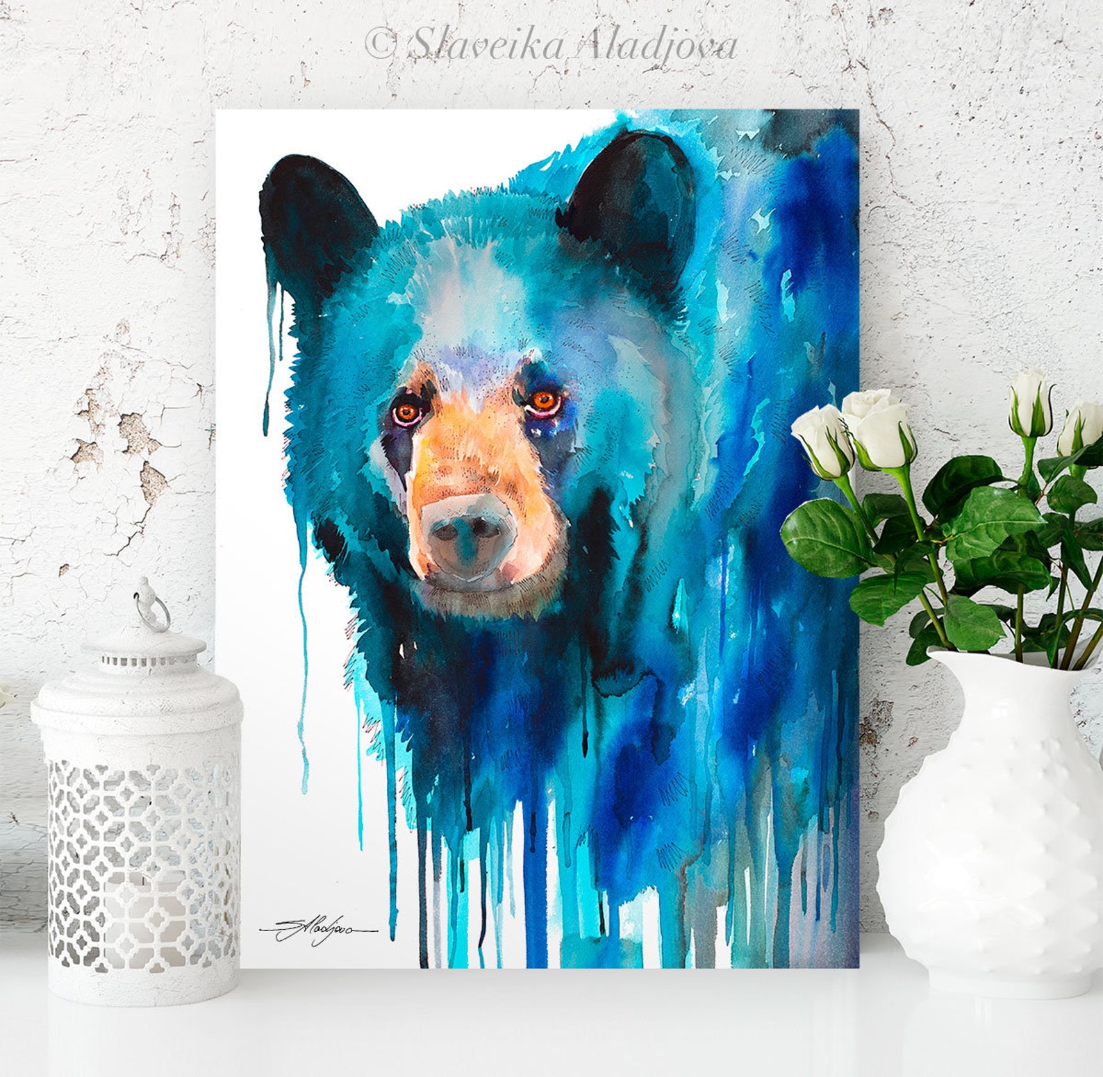 Blue American Black Bear Watercolor Painting Print by Slaveika Aladjova ...