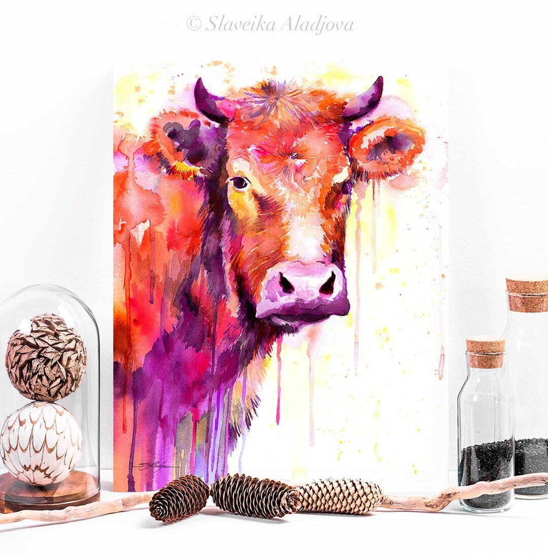 Red Cow Watercolor Painting Print by Slaveika Aladjova, Art, Animal ...
